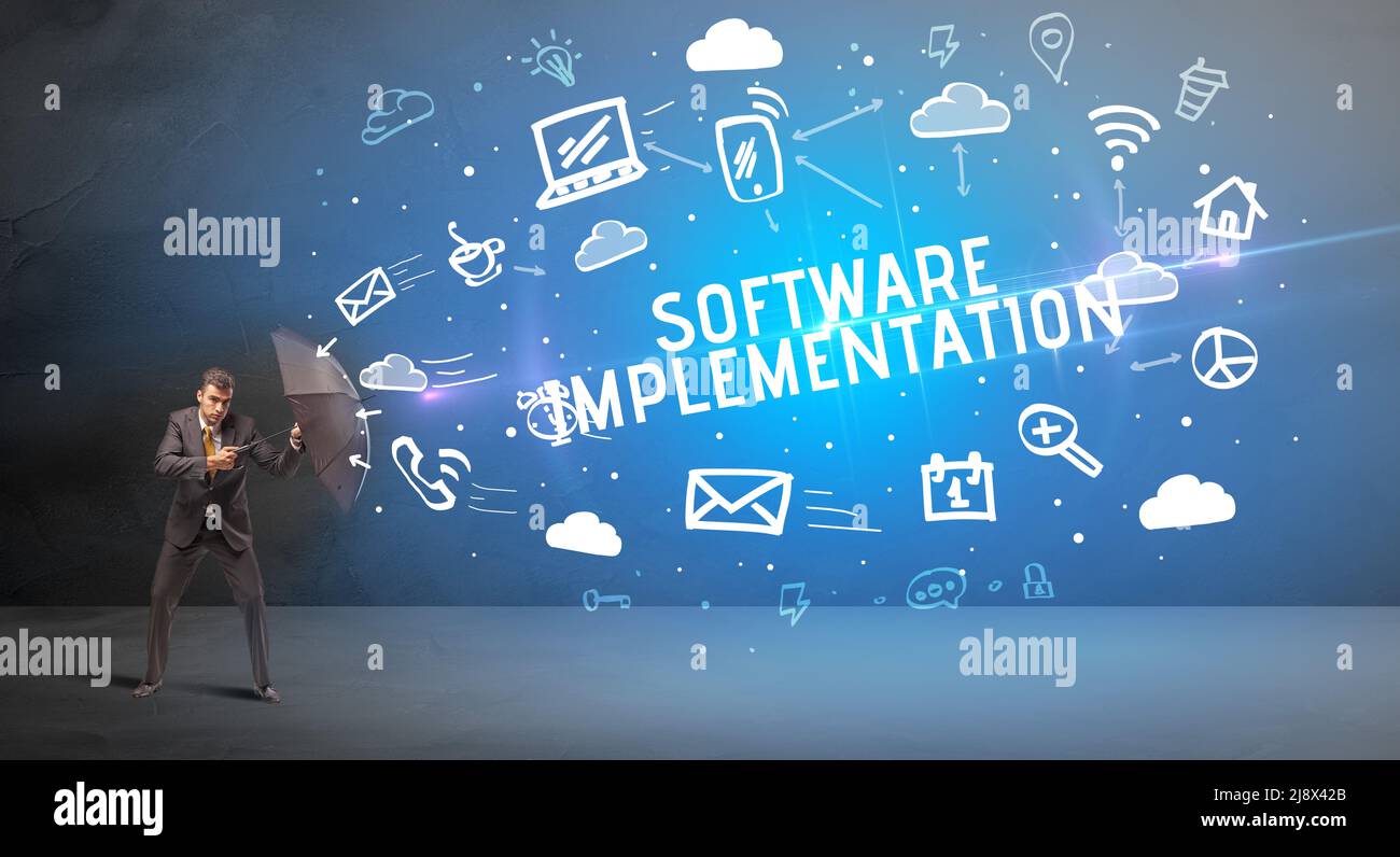 Businessman defending with umbrella, modern technology concept Stock ...