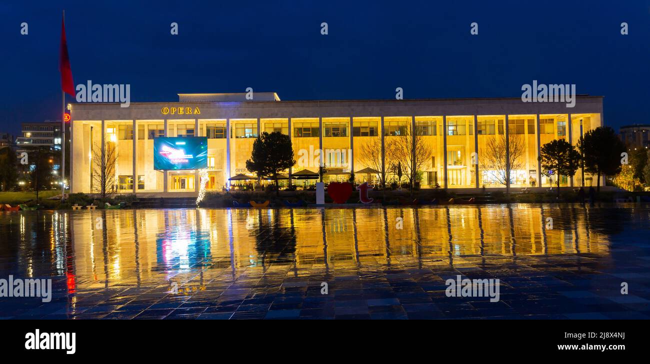 Illuminated National Theatre of Opera, Tirana, Albania Stock Photo - Alamy