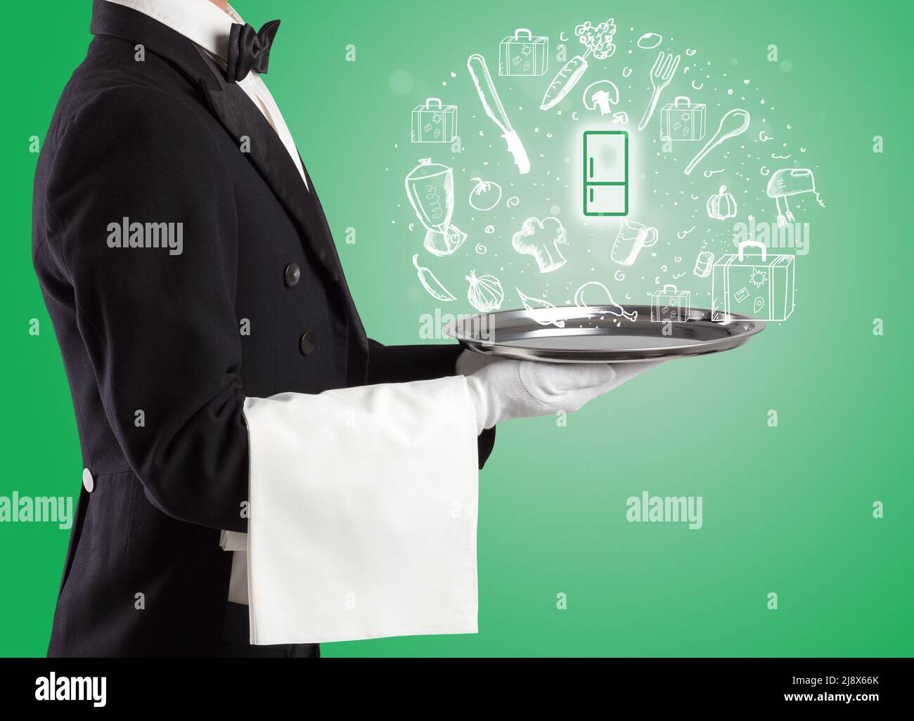Waiter holding silver tray with food icons above Stock Photo - Alamy