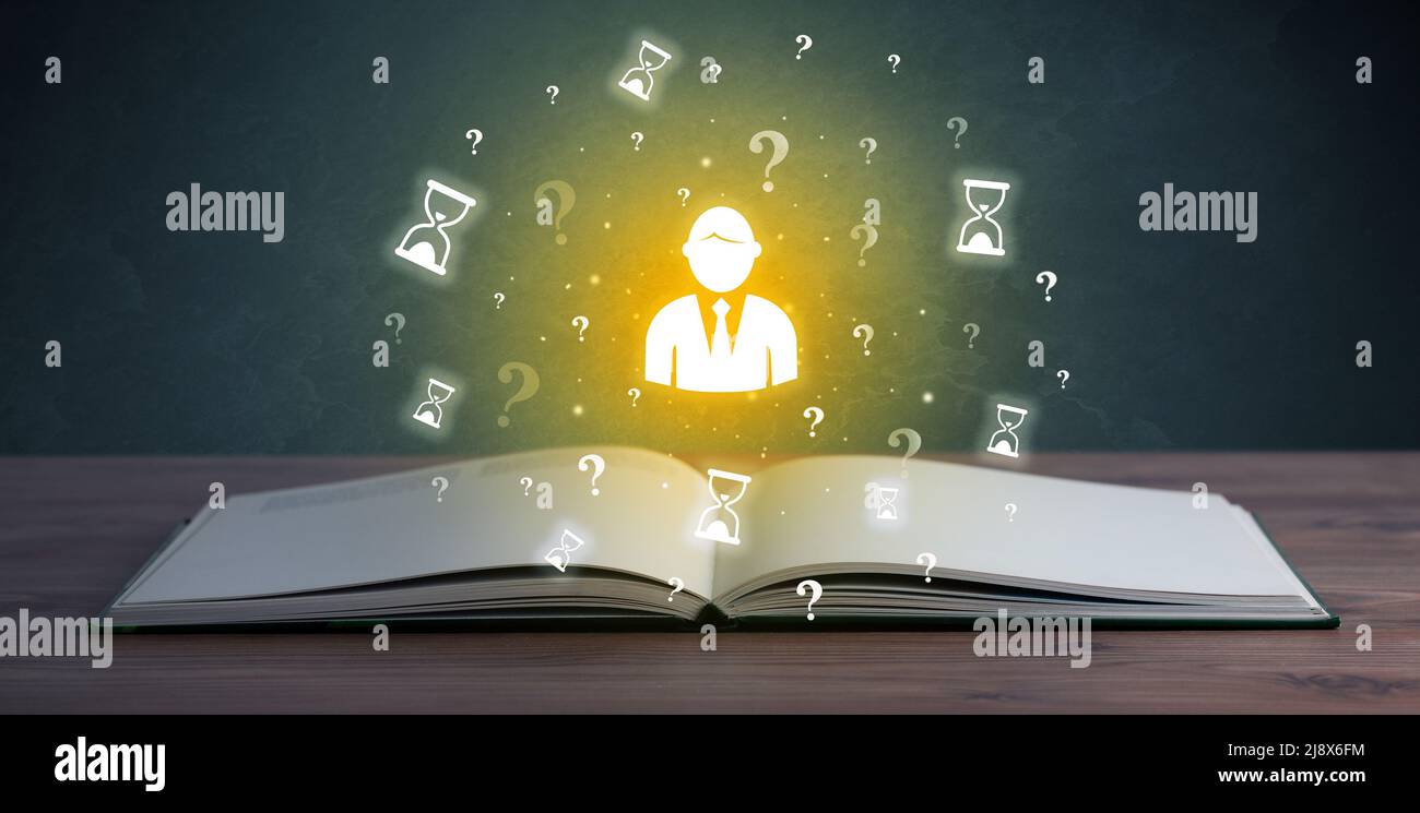 Open book with business icons above Stock Photo - Alamy