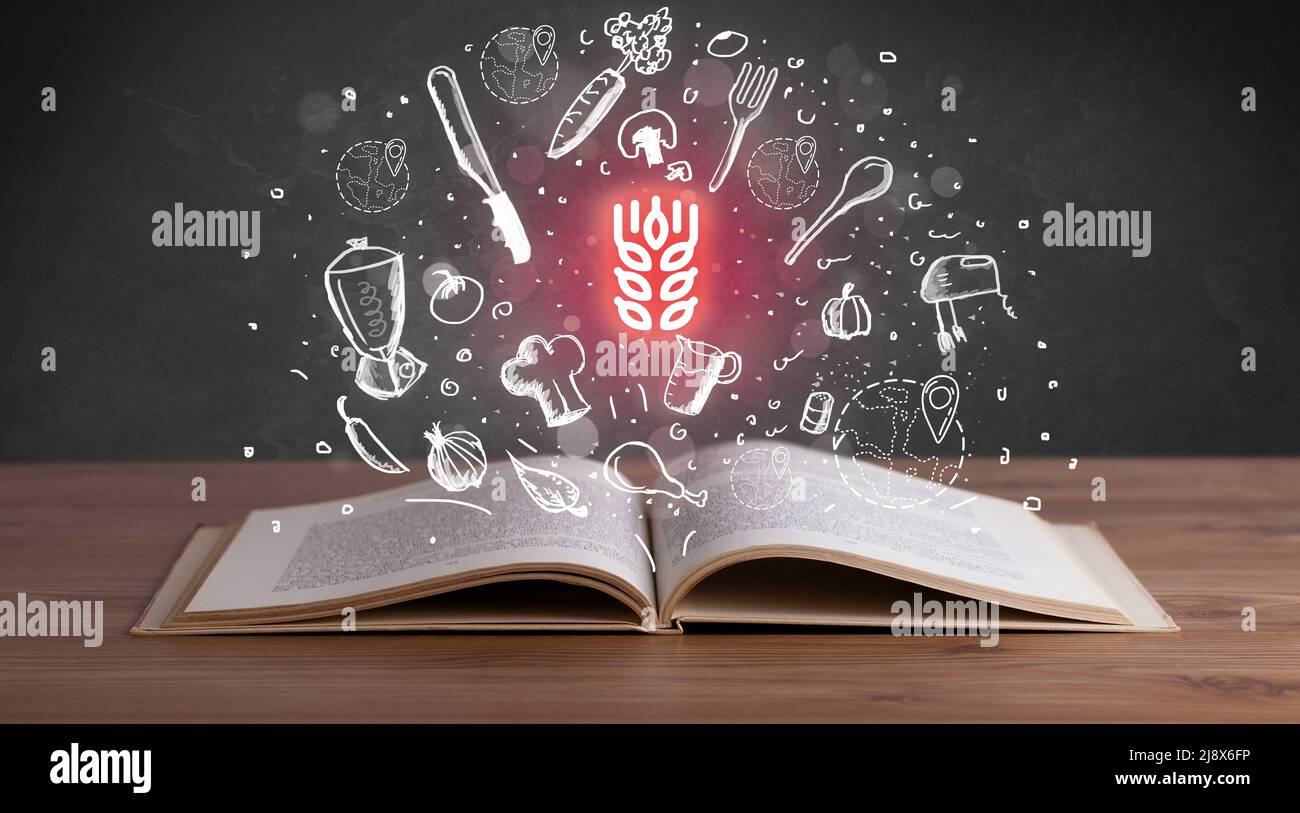 Open recipe book with food related icons above Stock Photo - Alamy