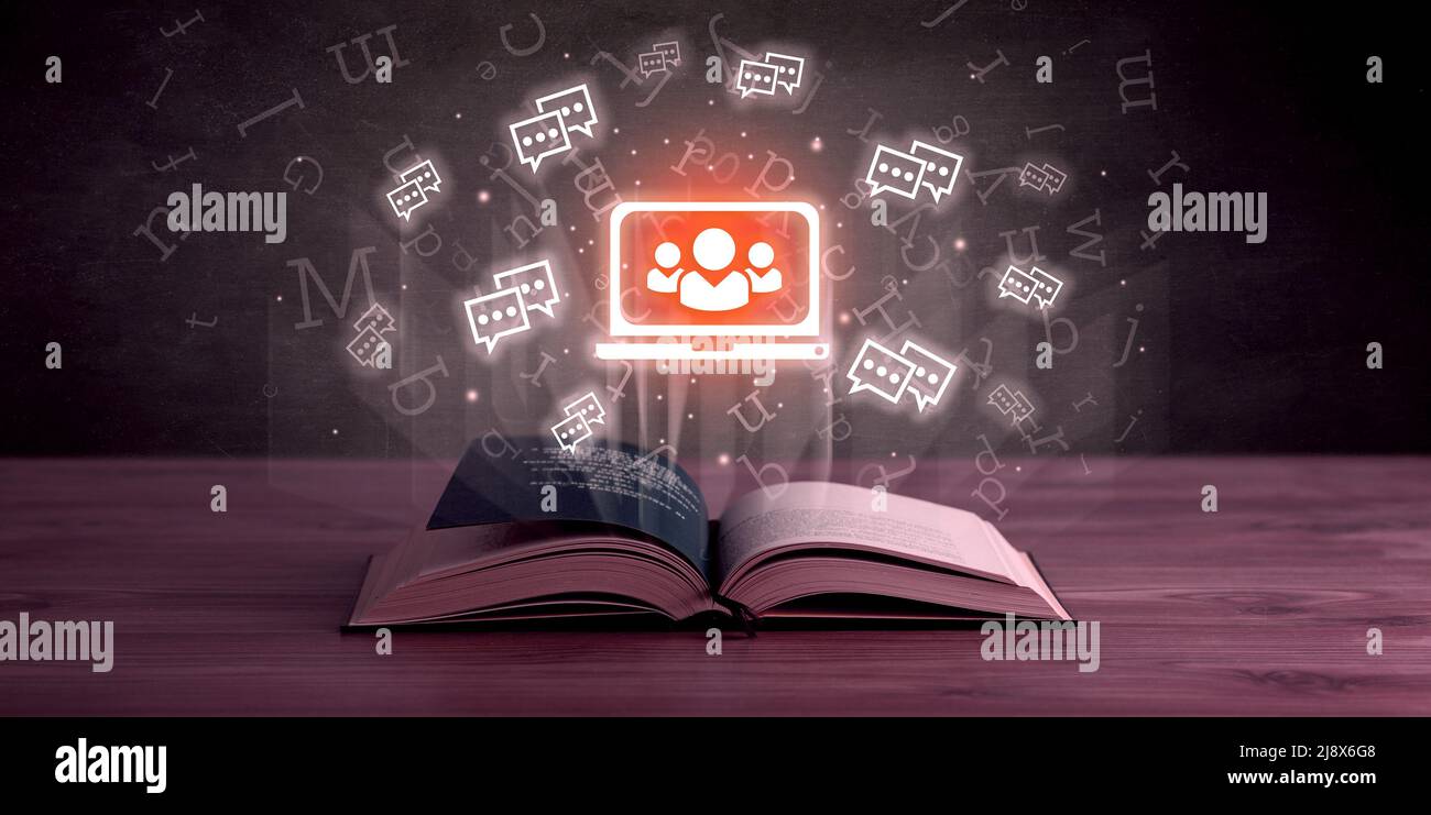 Open book with social networking icons above Stock Photo - Alamy