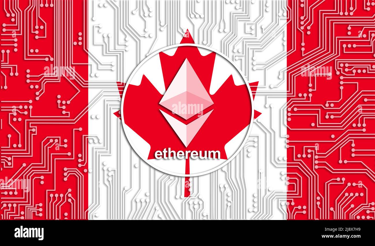 flag of Canada and ethereum coin, Integrated Circuit Board pattern ...