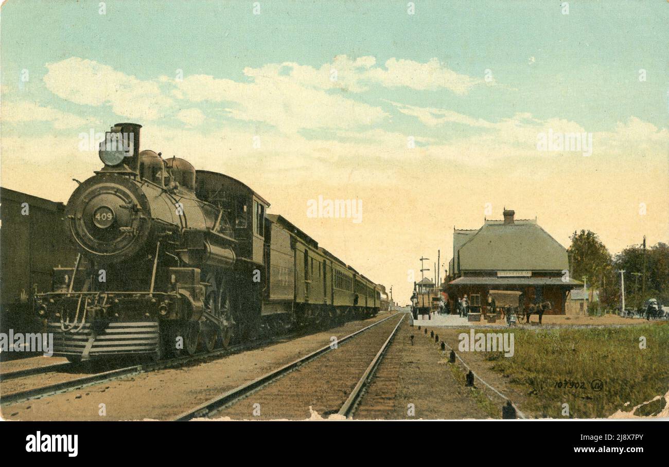 Postmarked 1912; Railroad train in front of the Grand Trunk Railway ...