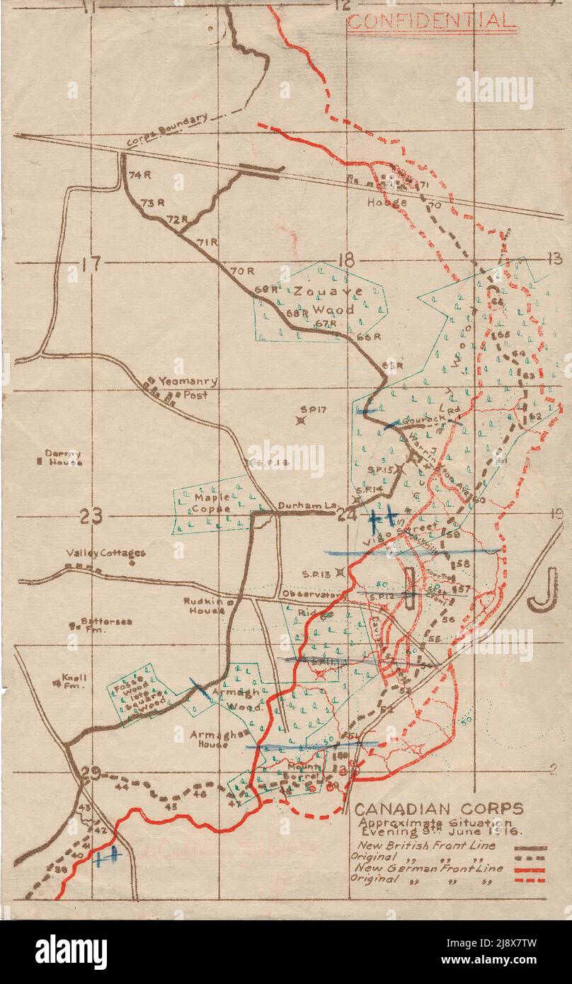 This map illustrates the British/Canadian positions (in brown) and the ...