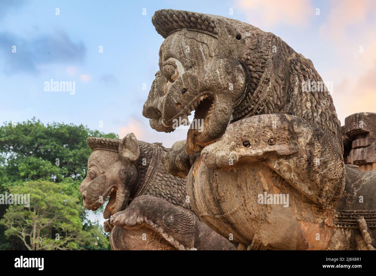 Ancient stone lion sculptures at the gateway of Konark Sun Temple at ...