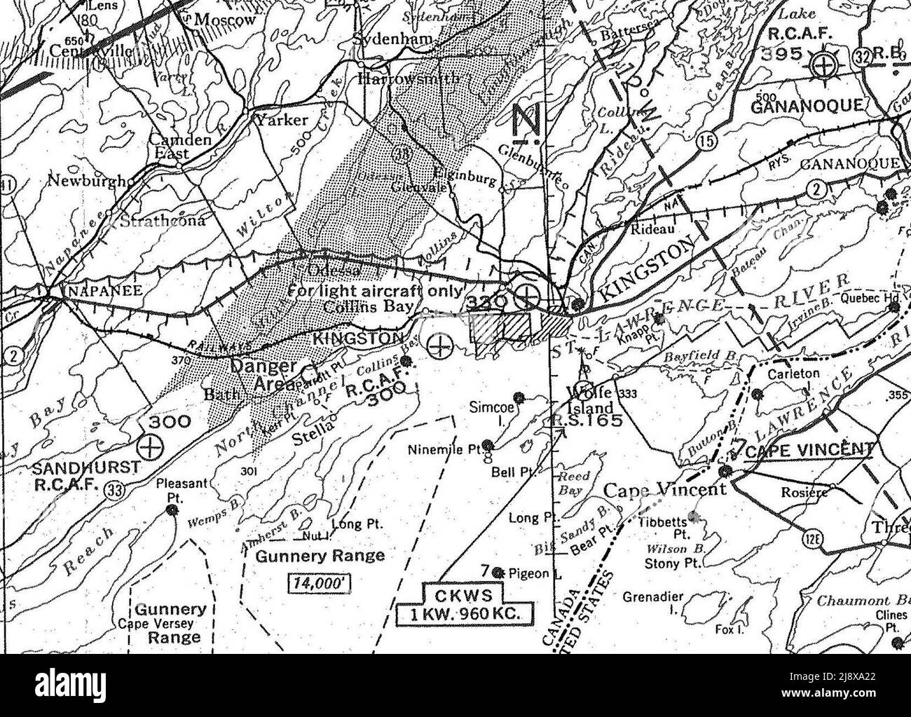 Piece of Toronto Ottawa air navigation chart showing the RCAF airfields ...