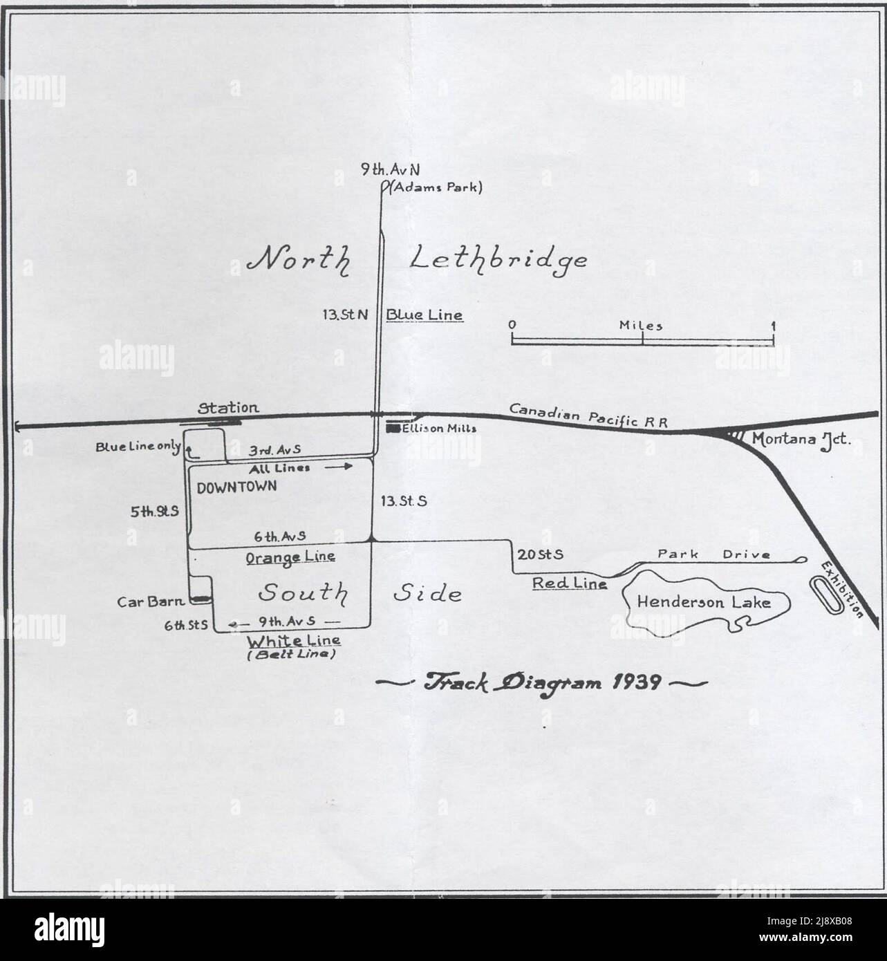 Map of the Lethbridge, Alberta, streetcar system ca. 1939 Stock Photo ...