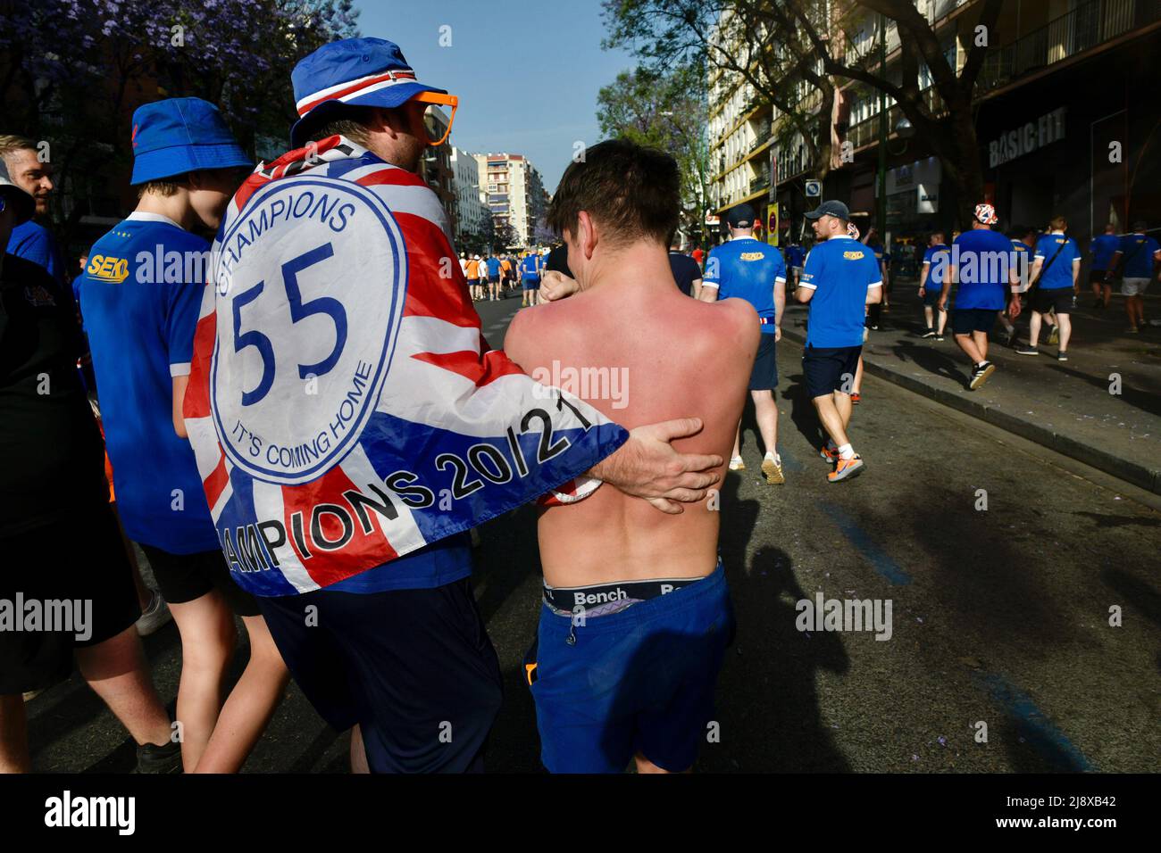 Seville, Spain. 18th May, 2022. Rangers fans walk to the Ramón Sánchez ...