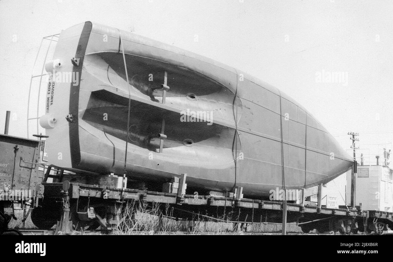 Hull of the Radium Express being shipped to Waterways Alberta. This ...