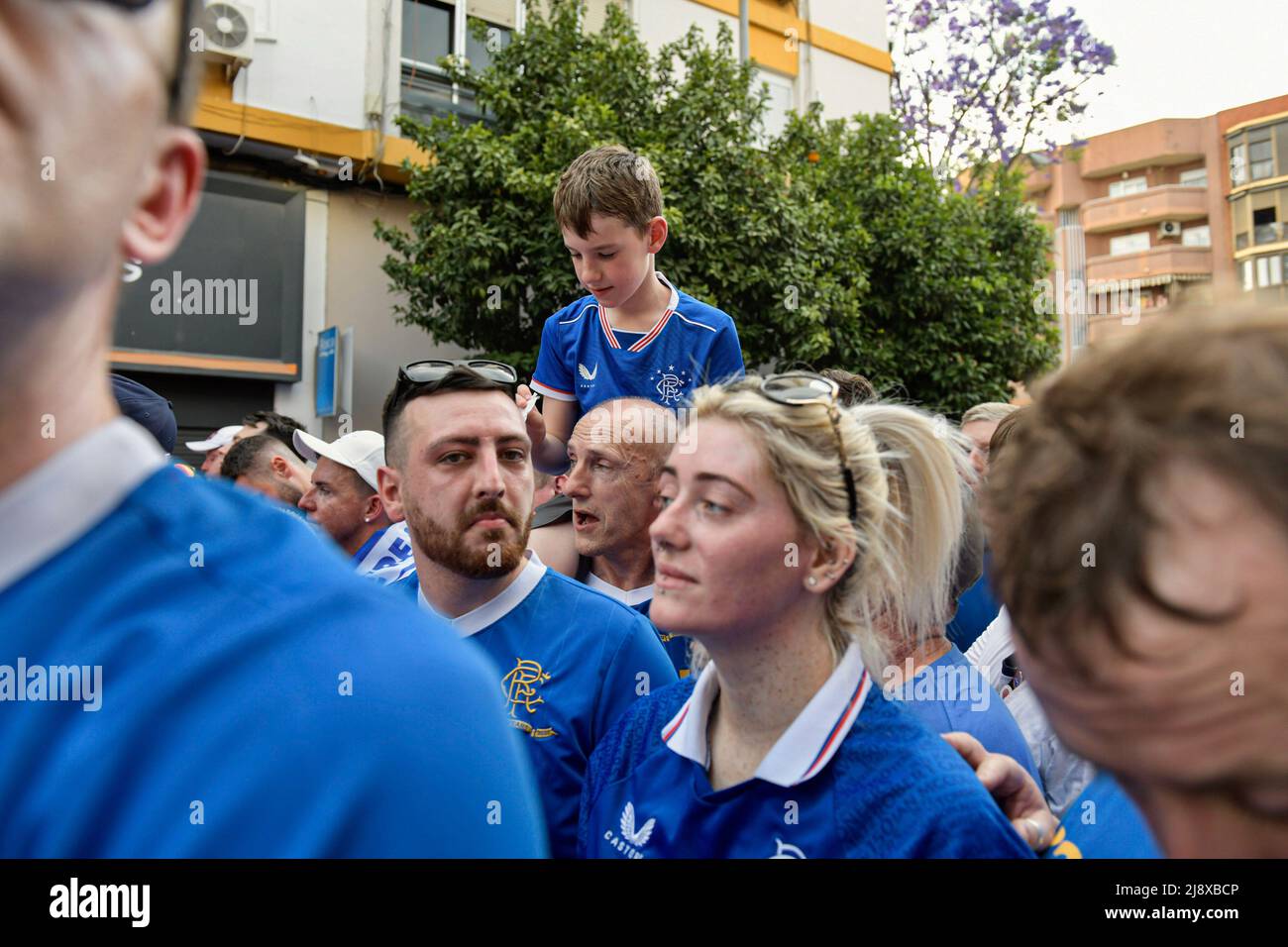 Seville, Spain. 18th May, 2022. Rangers fans walk to the Ramón Sánchez ...
