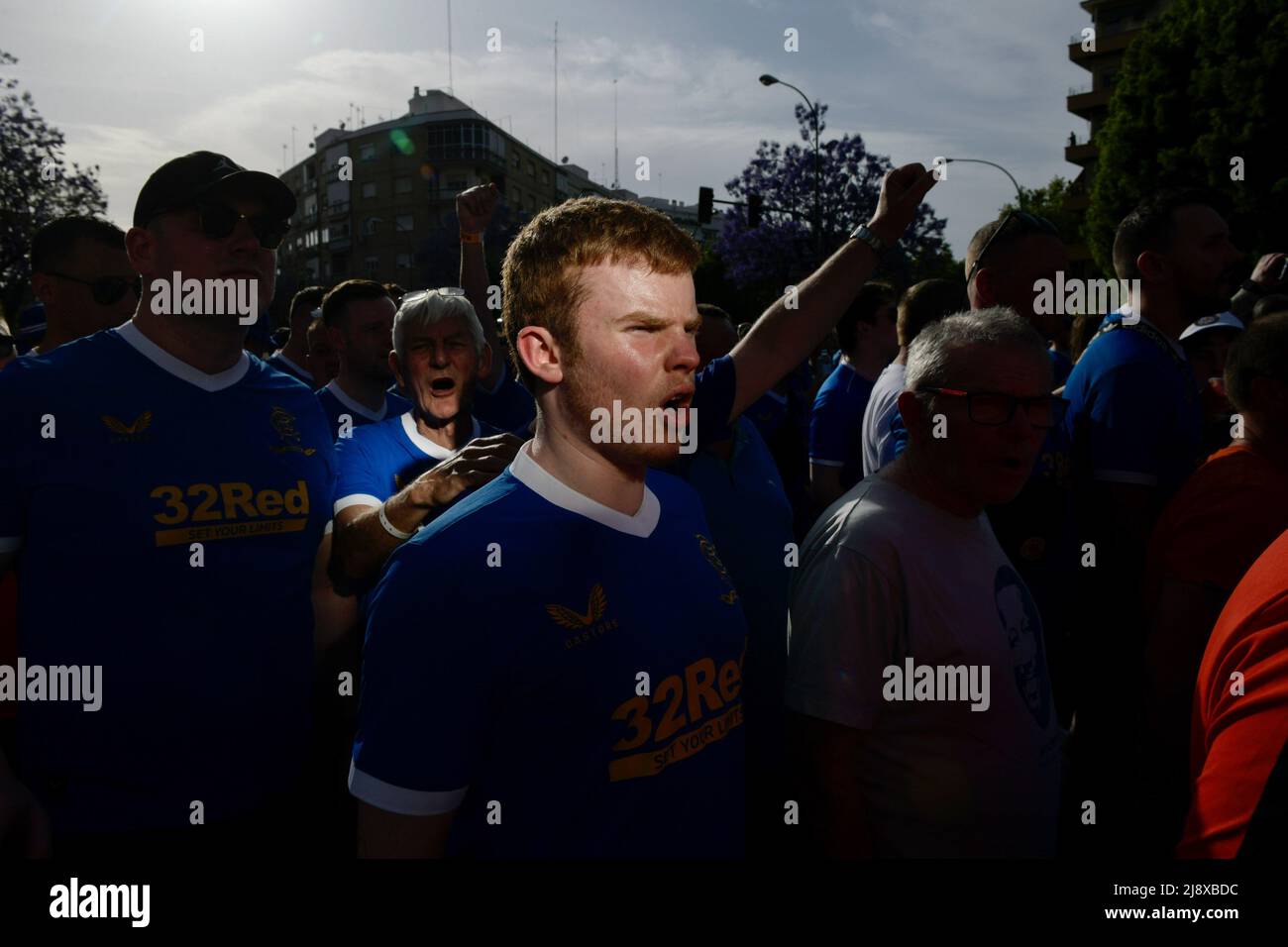 Seville, Spain. 18th May, 2022. Rangers fans walk to the Ramón Sánchez ...