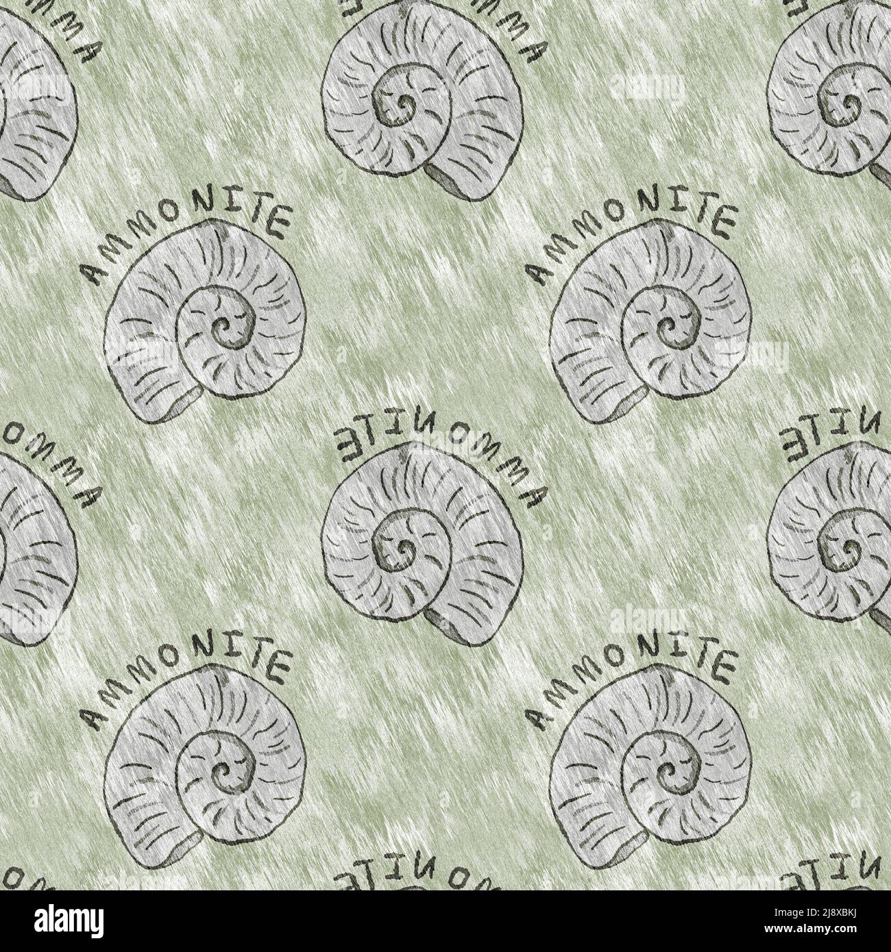 Green hand drawn ammonite fossil seamless pattern. Gender Neutral ...