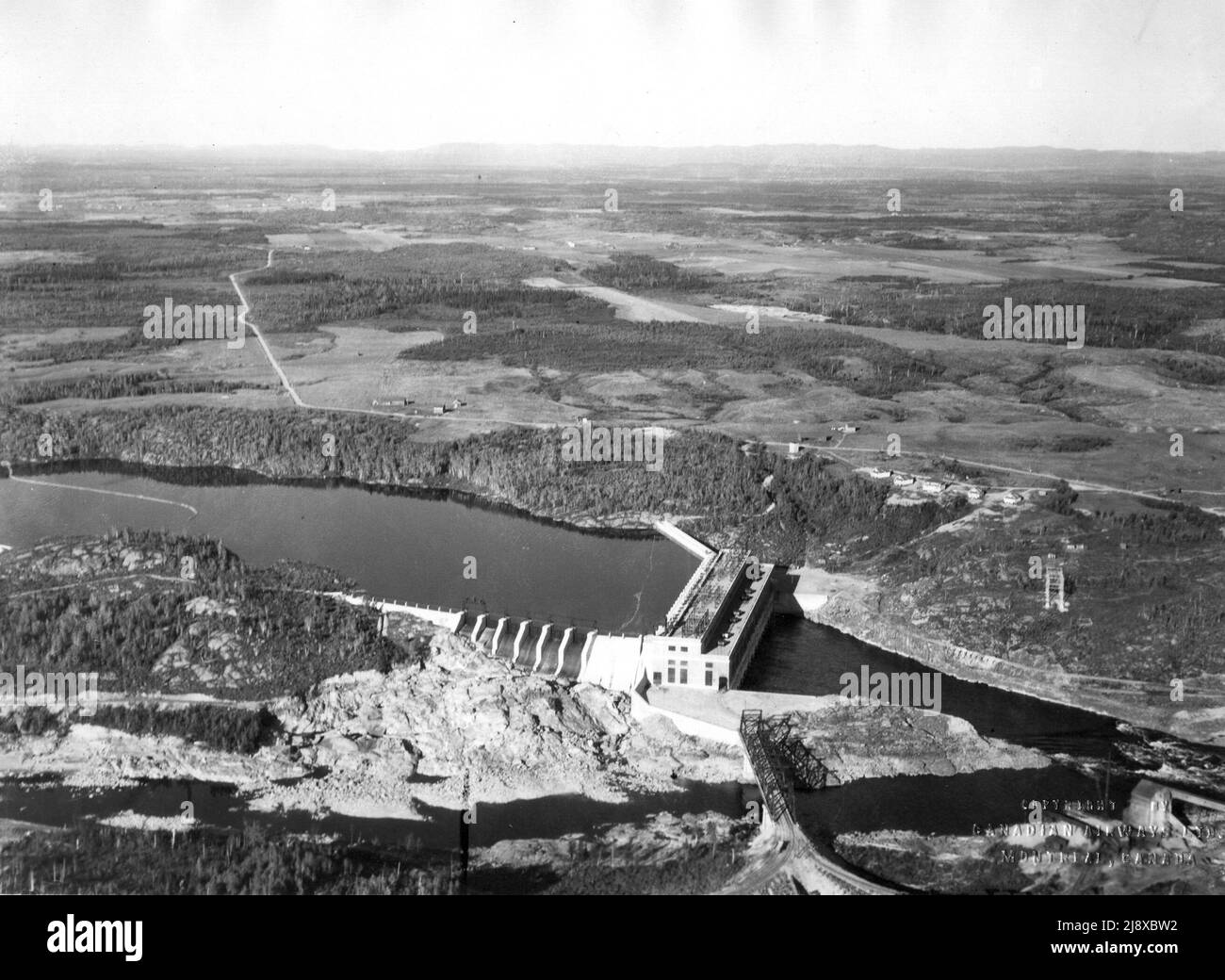 Aerial view of the Isle Maligne dam ca. between 1926 and 1942 Stock ...