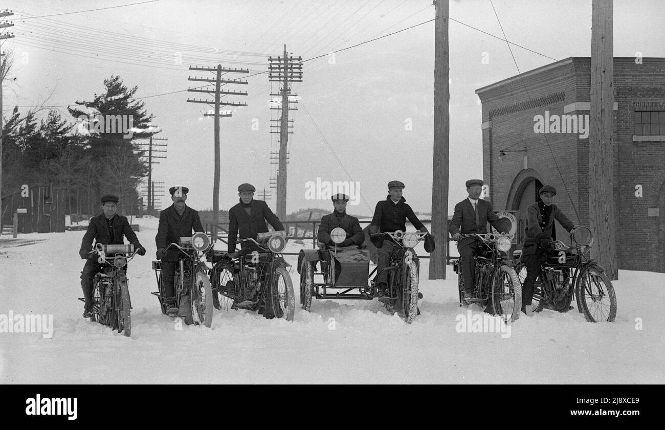 Early motorcycle gang in winter ca. early 1900s Stock Photo - Alamy