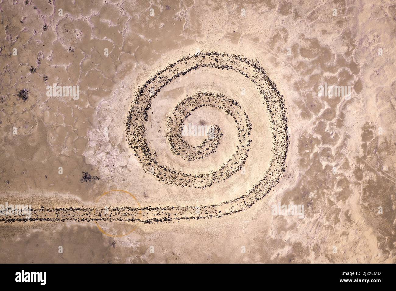 Spiral Jetty along Utah's Great Salt Lake, top down drone view Stock ...