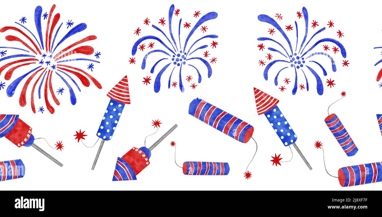 Watercolor seamless hand drawn horizontal border with 4th of July ...