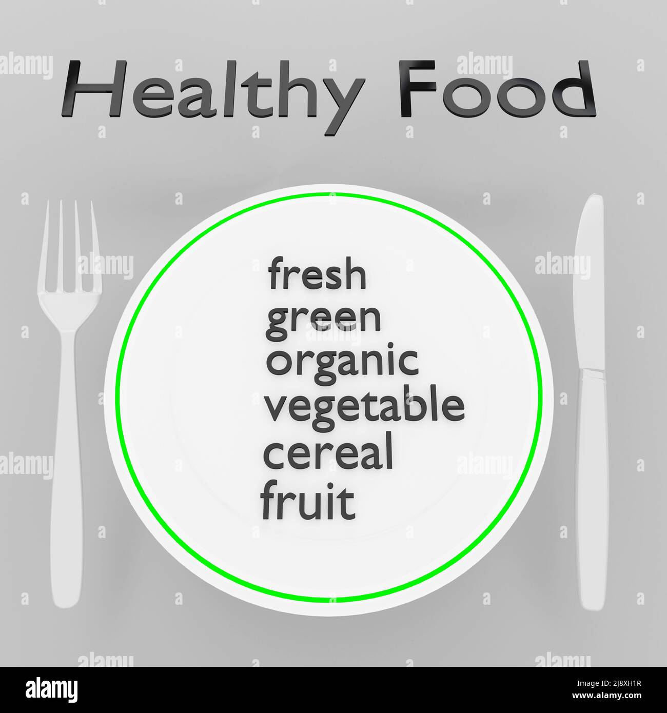 3D illustration of a list of healthy food items on a white plate, along ...