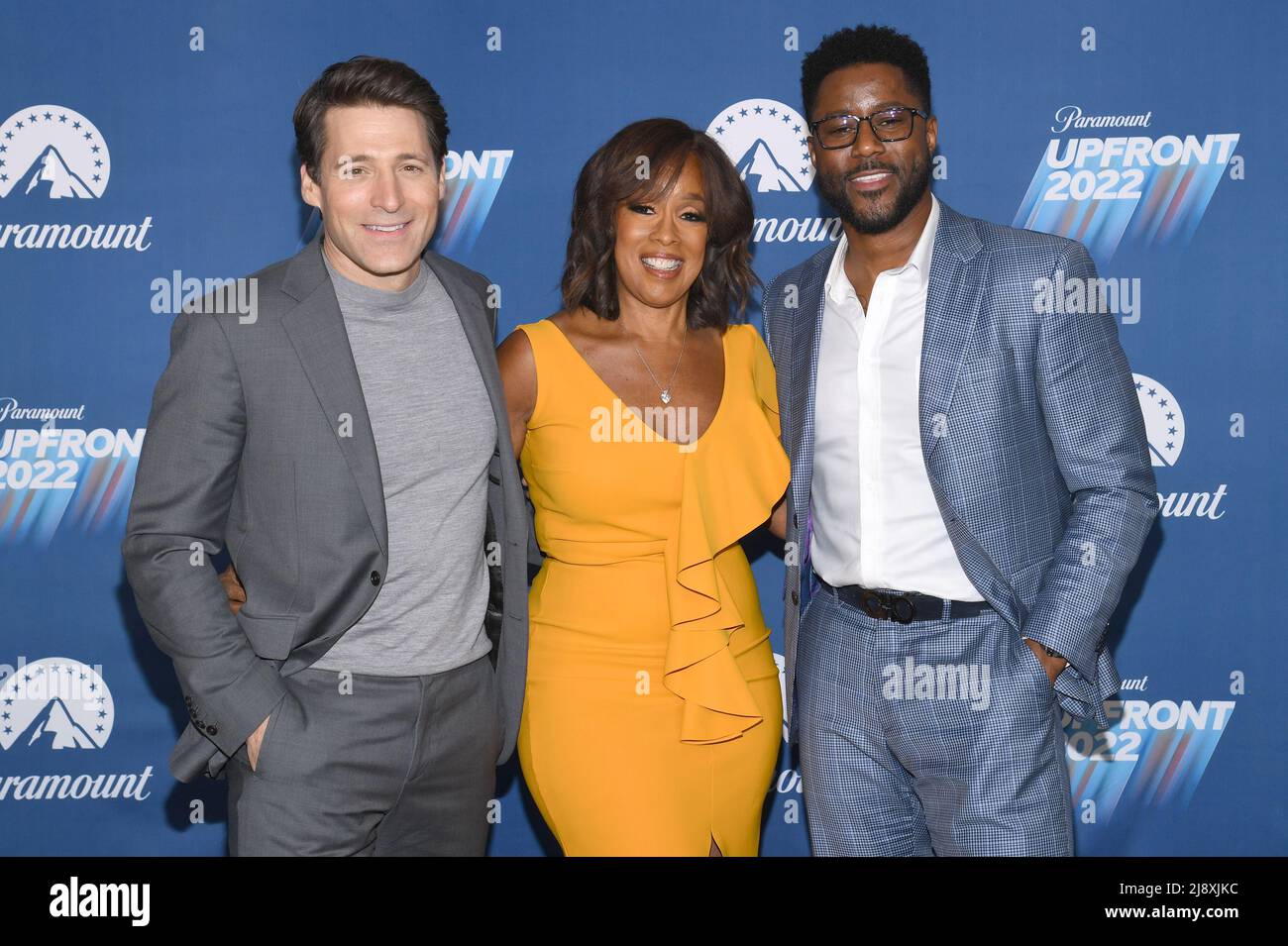(L-R) Tony Dokoupil, Gayle King and Nate Burleson attend the Paramount Upfront 2002 Post Party ...