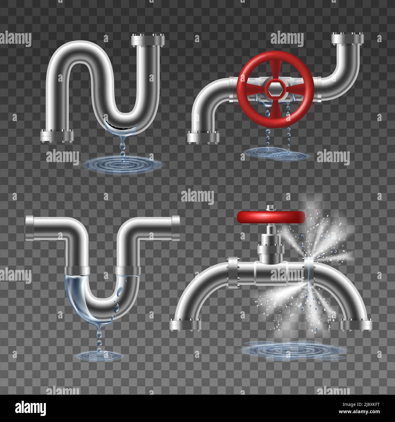 Pipeline burst and drops and splash of water realistic 2x2 design ...