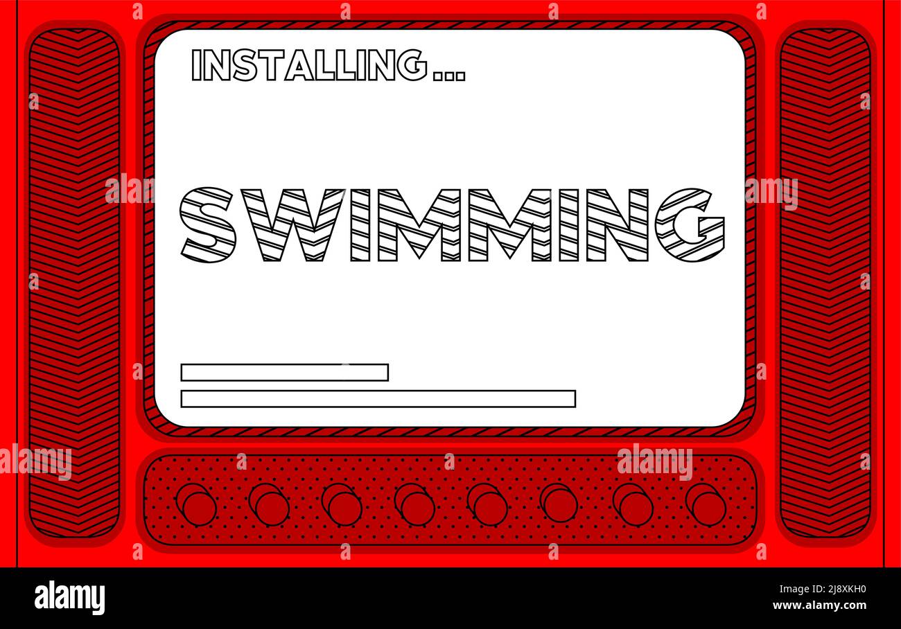 Cartoon Computer With the word Swimming. Message of a screen displaying ...