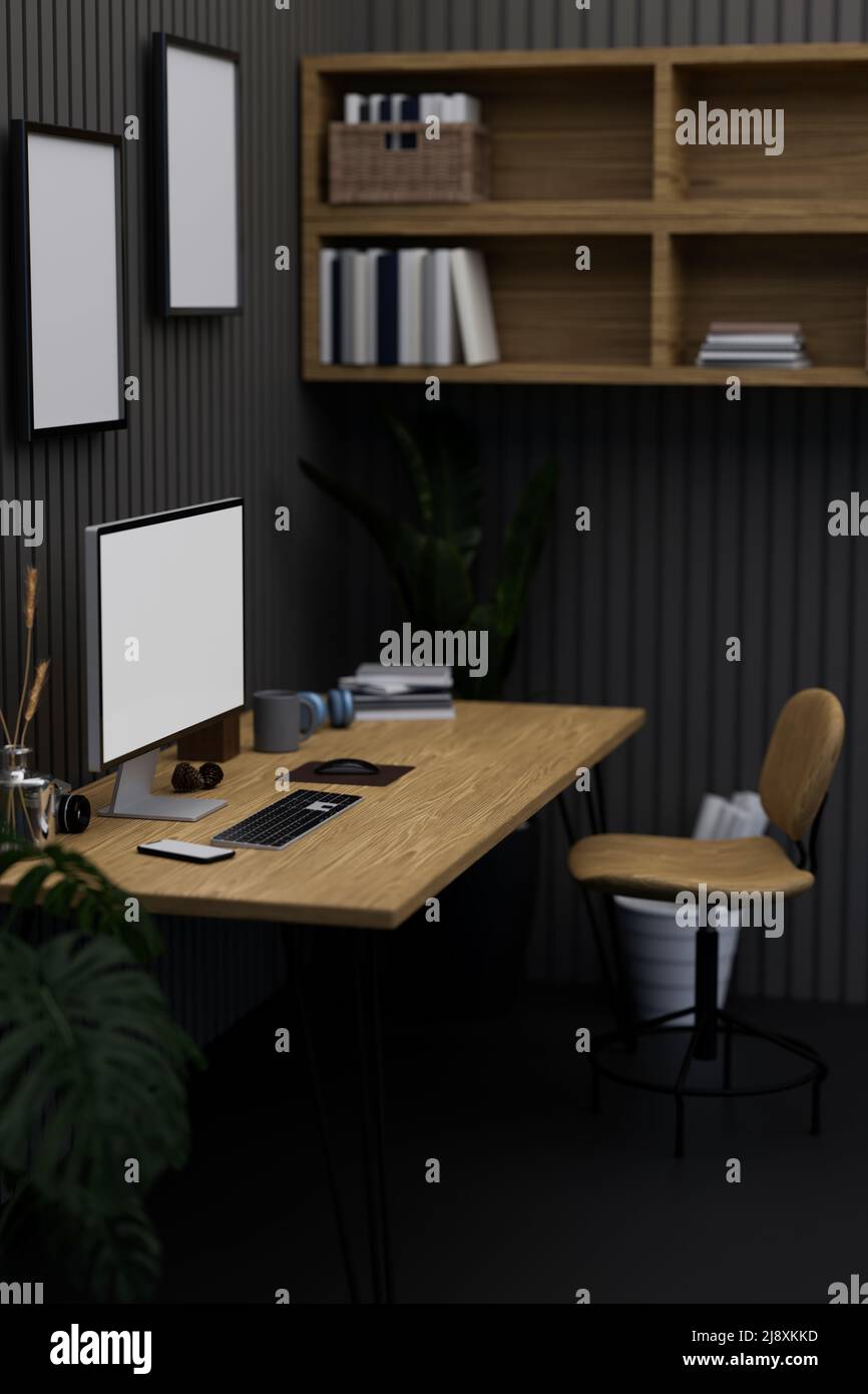 Modern dark stylish workspace interior design with pc computer mockup ...