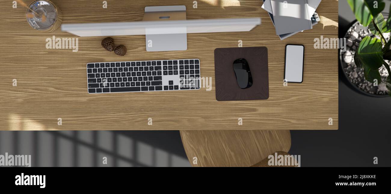 Top view, Modern wooden desk workspace with pc computer, keyboard ...