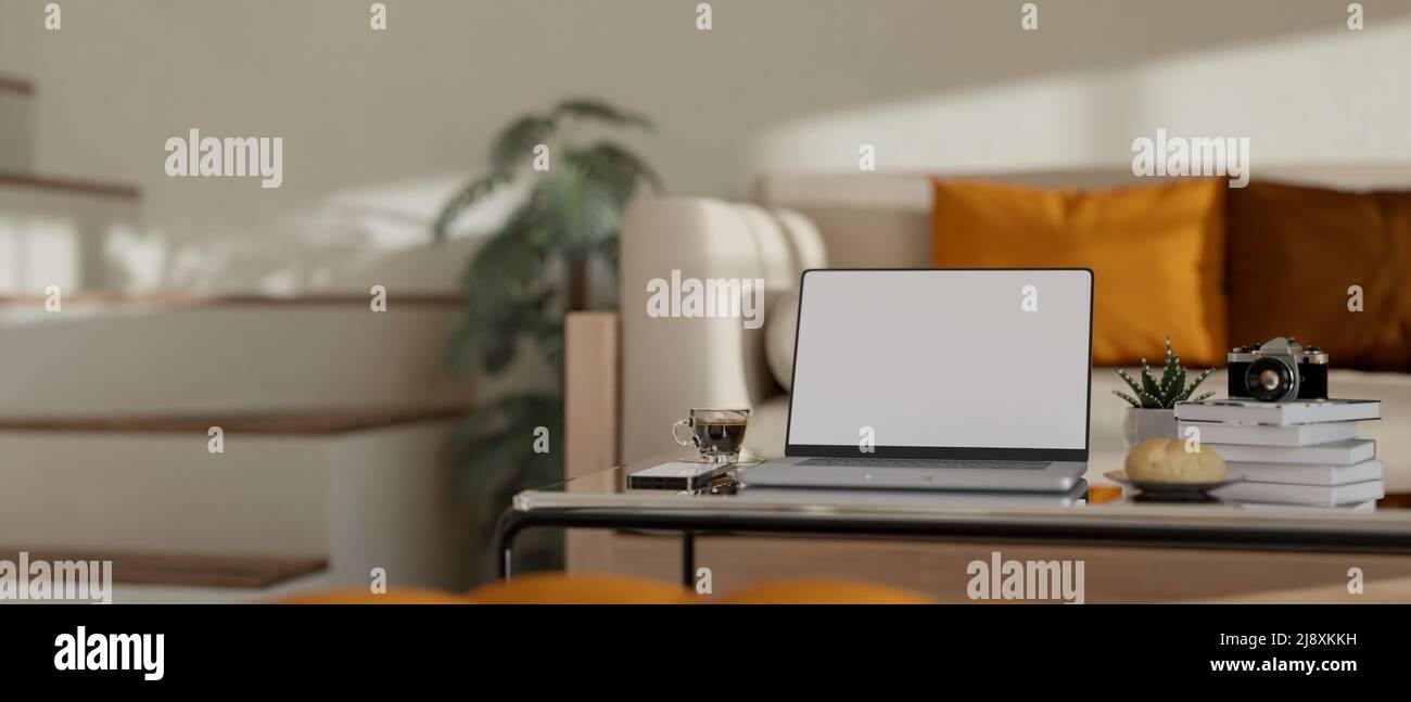 Modern stylish living room interior design with notebook laptop ...