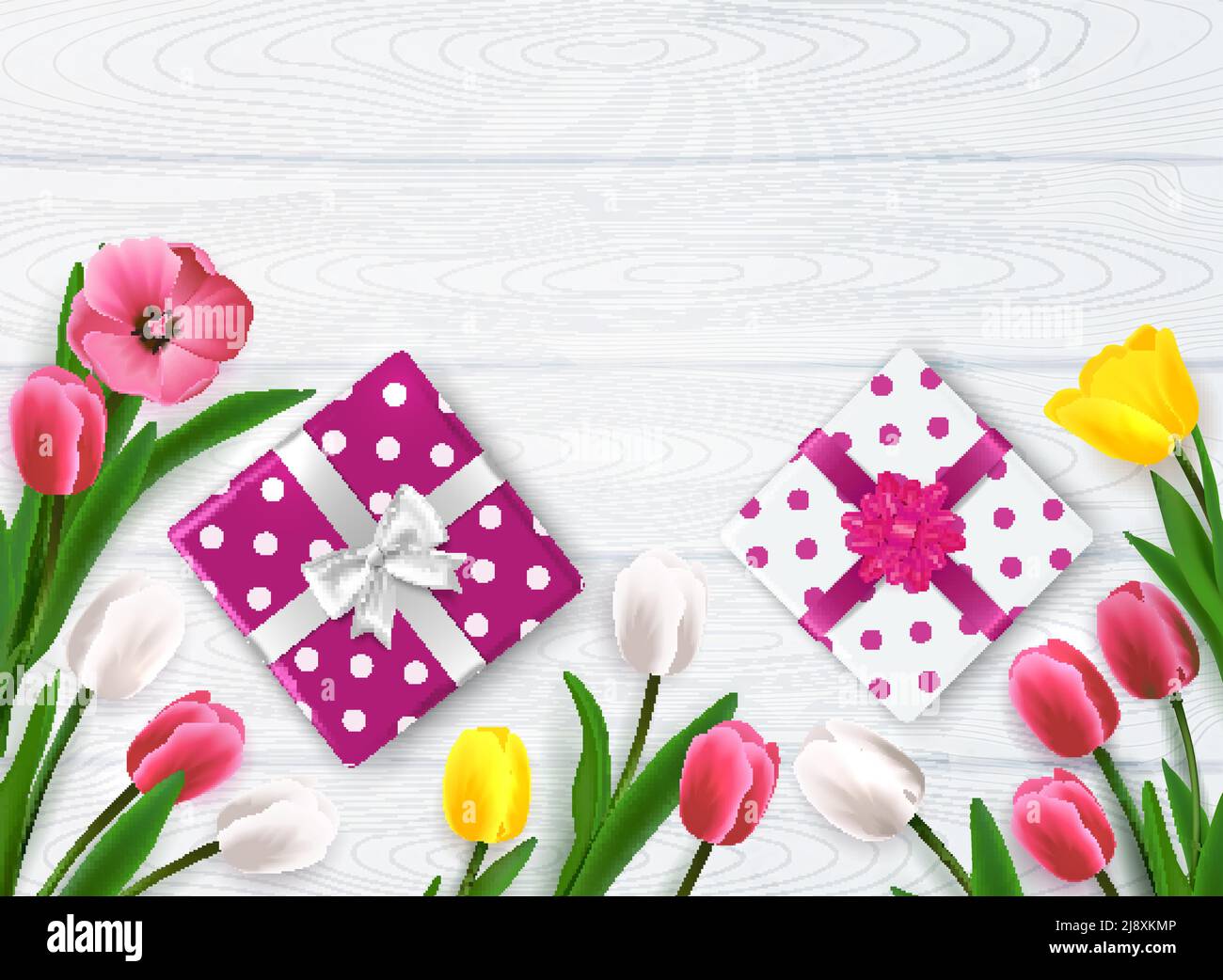 Mothers day composition with top view of polka-dot gift boxes and ...