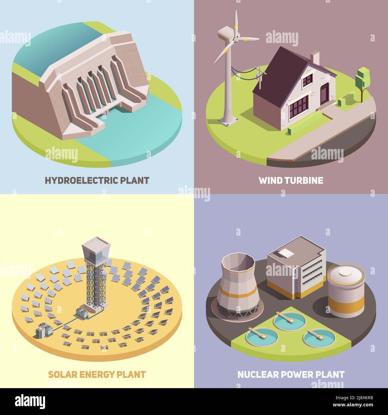 Green energy production concept 4 isometric icons with wind turbine ...