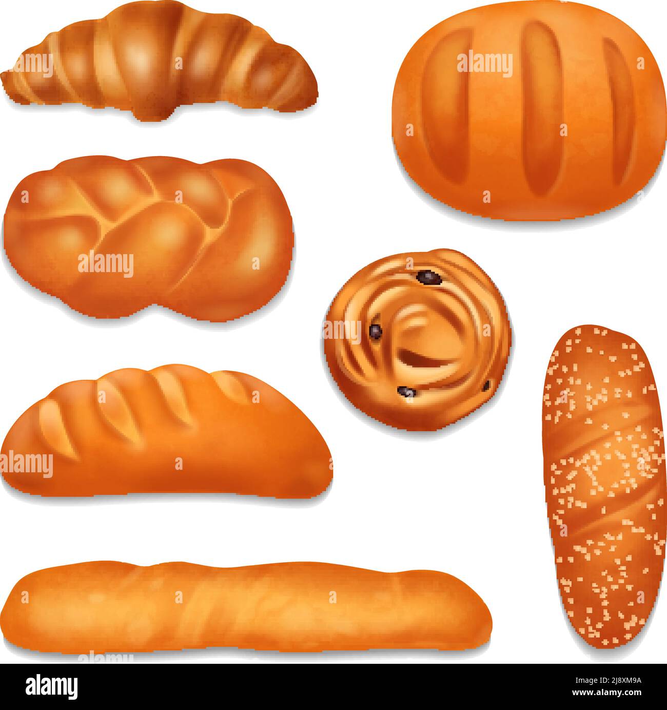Isolated bread bakery realistic icon set with various shapes and taste ...