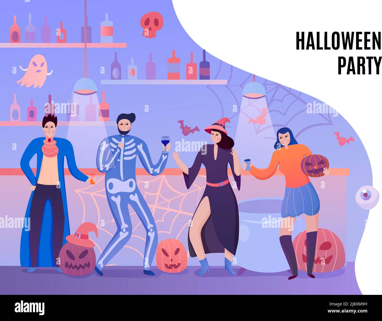 Human characters in costumes of vampire witch and skeleton with drinks ...