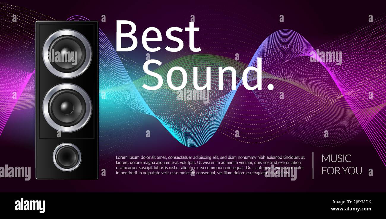 Realistic speaker in black box sound equipment on color wavy background ...