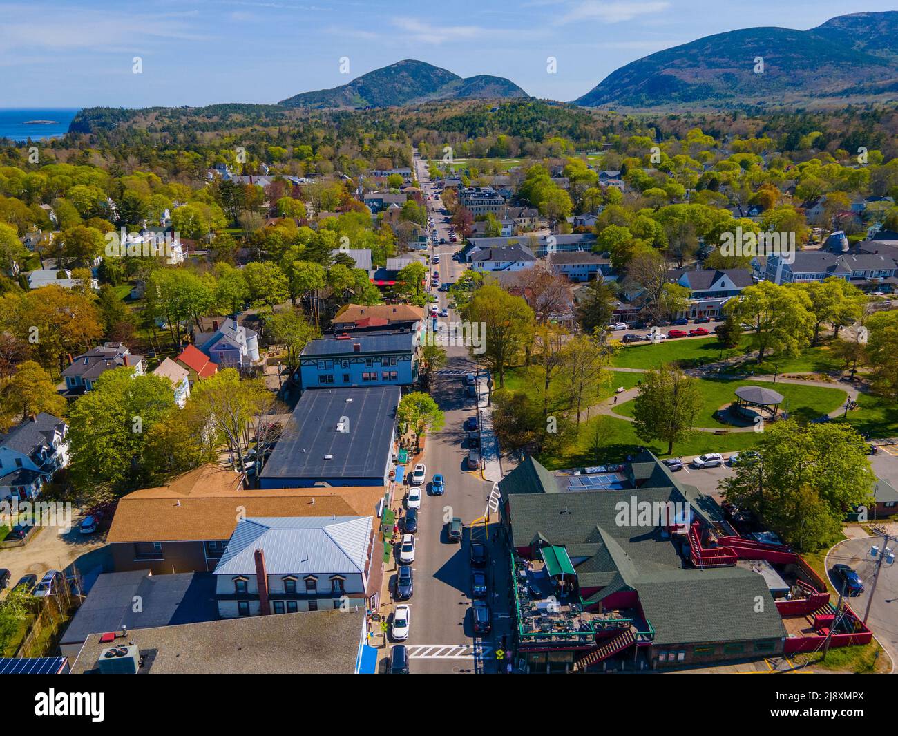 Bar Harbor historic town center aerial view on Main Street with ...