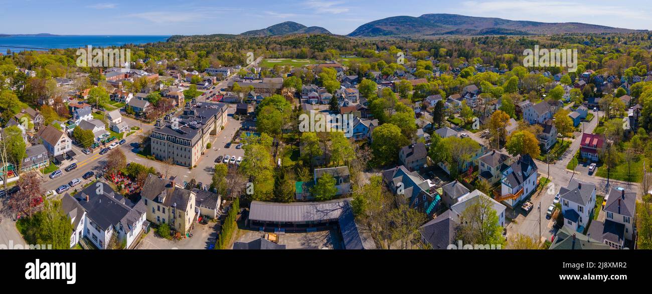 Bar Harbor historic town center aerial view on Main Street with ...