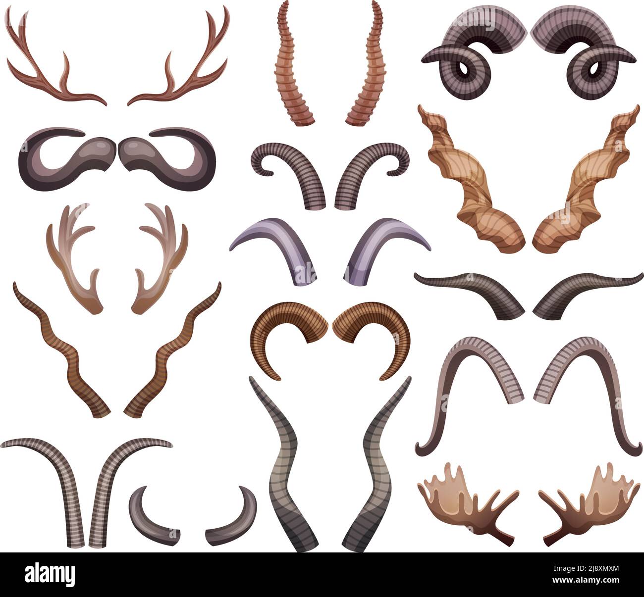Horns set with isolated colourful horning paired images of different ...