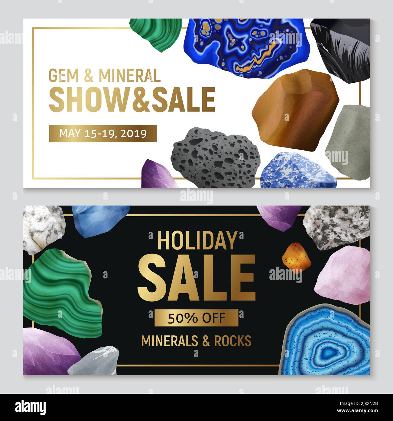 Gem minerals and rocks realistic horizontal banners with advertising of ...
