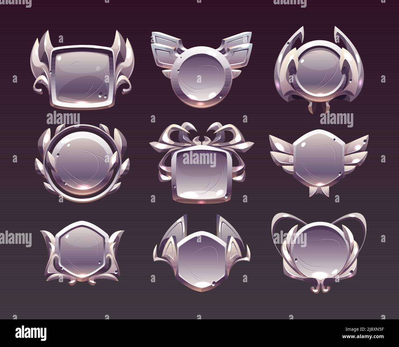 Game level metallic ui icons, empty silver or steel badges, banners ...