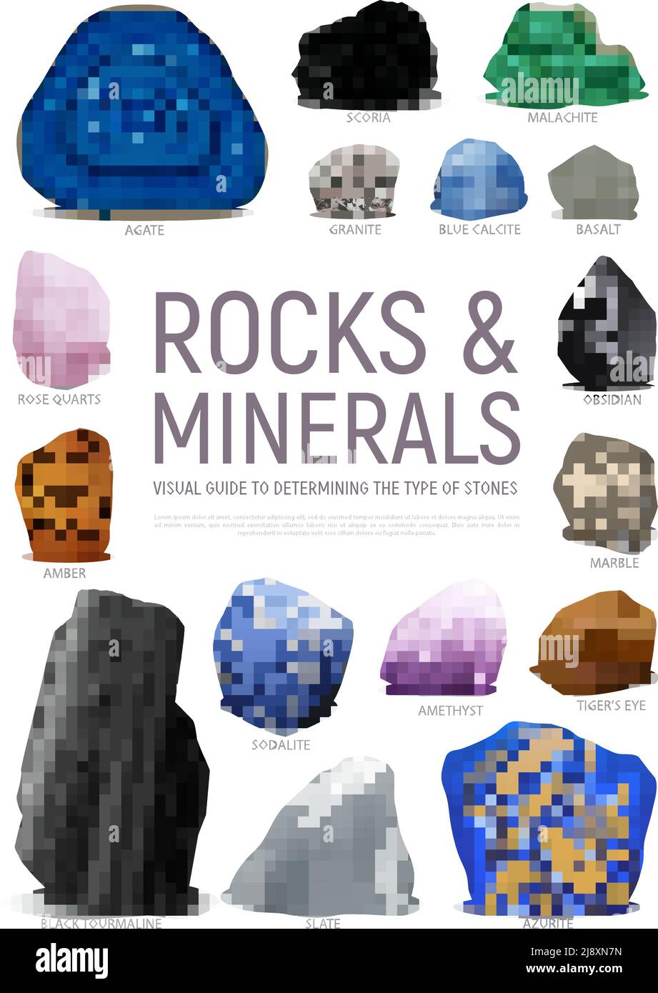 Realistic stone mineral visual guide icon set with rock and minerals ...