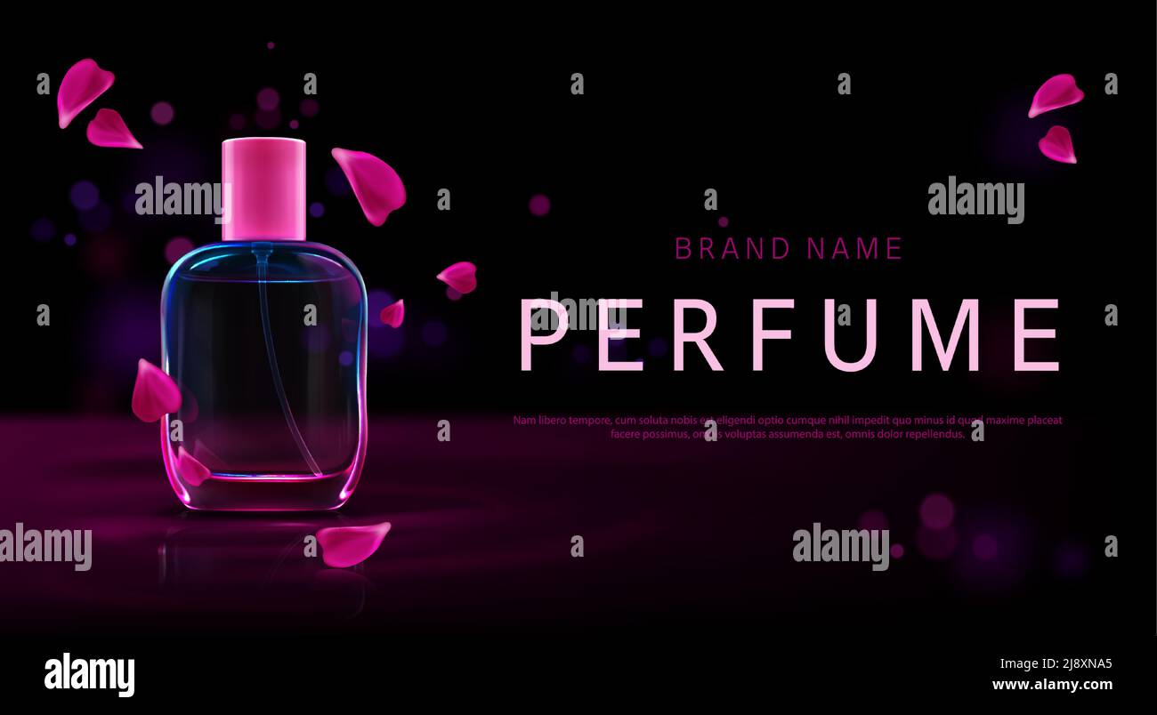 Perfume promo background with glass bottle and falling flower petals ...