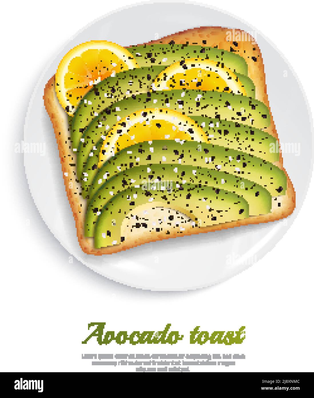 Fresh toasted bread with slices of ripe avocado and lemon on white ...