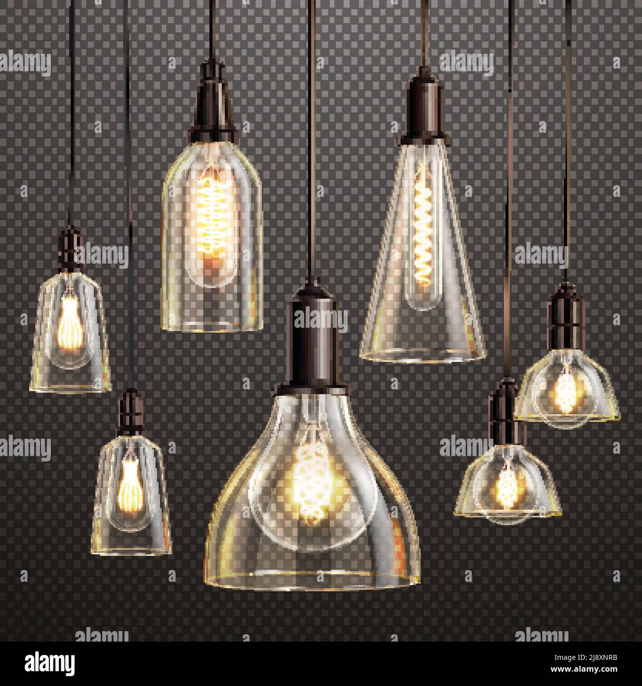 Hanging deco glass lamps with glowing filament antique led light bulbs ...