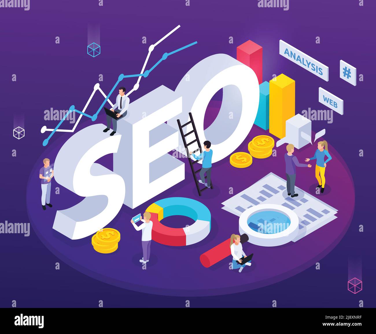 SEO analysis isometric composition with web optimization symbols vector ...