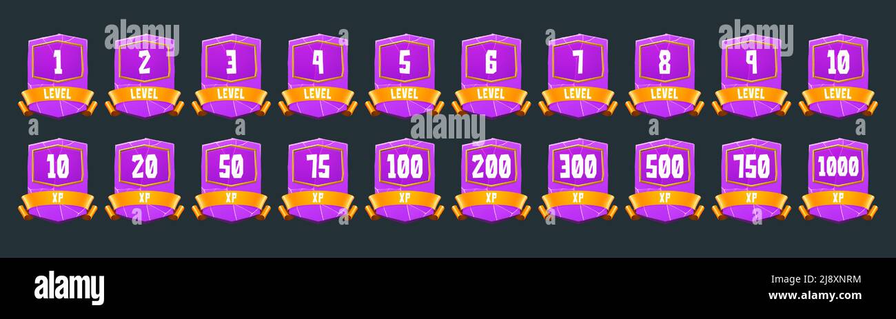 Purple badges with level number and xp points for game ui design. Vector cartoon icons of ...