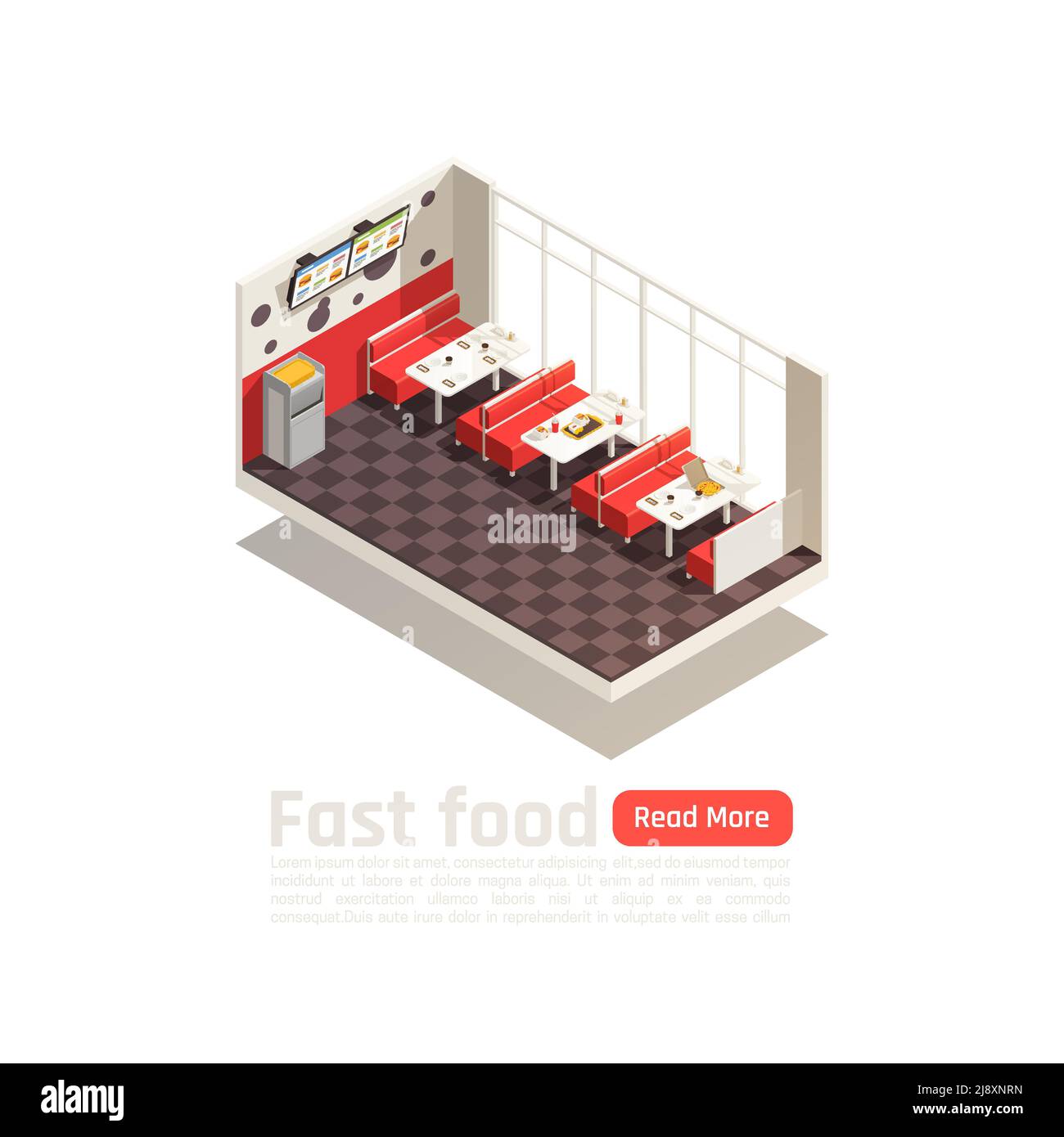 Fast food cozy eatery interior isometric poster with tables chairs and ...