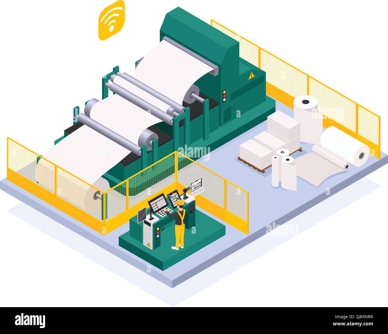 Paper production industry with newspaper and press symbols isometric ...