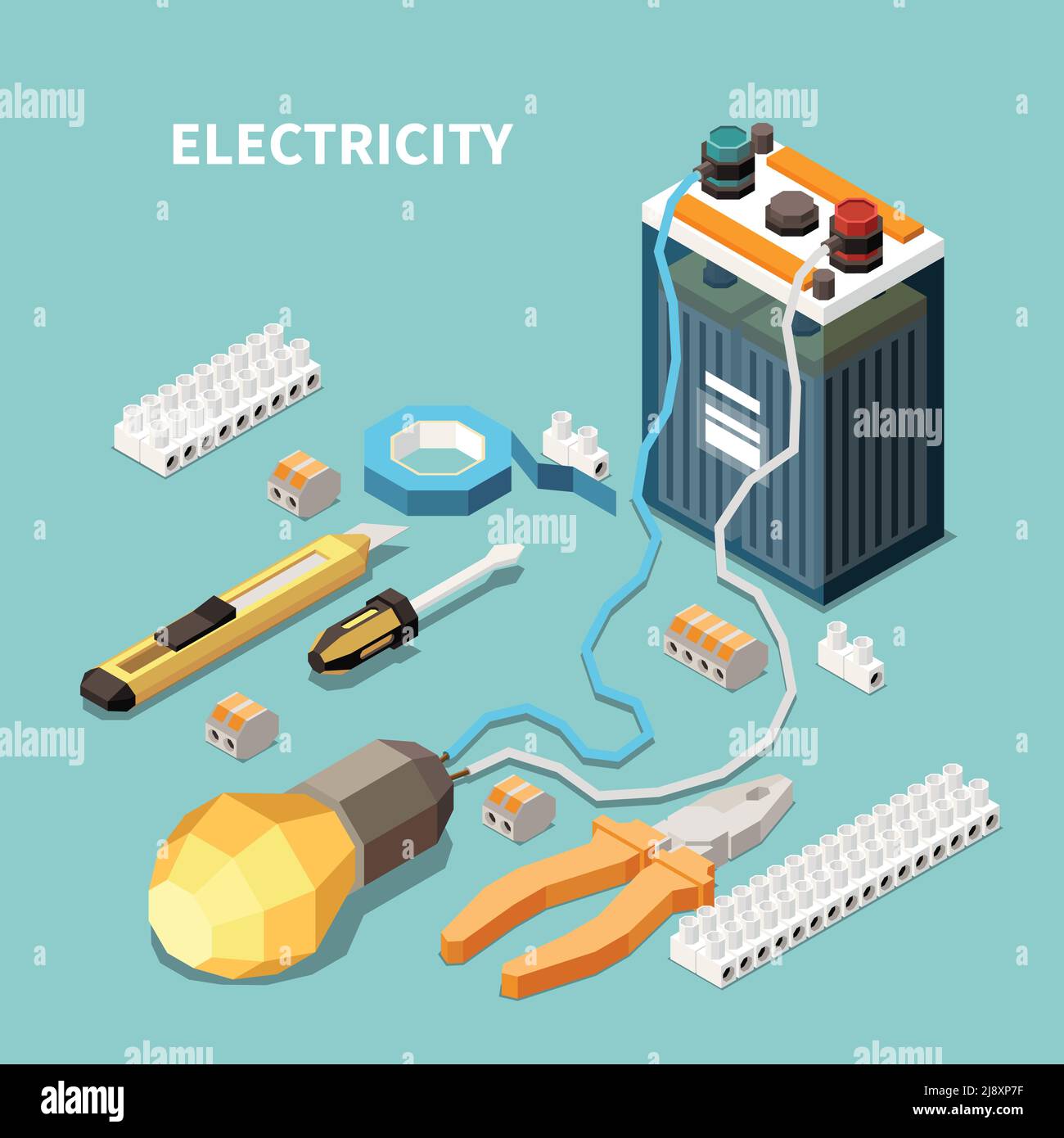Electricity isometric composition with images of electric equipment and ...