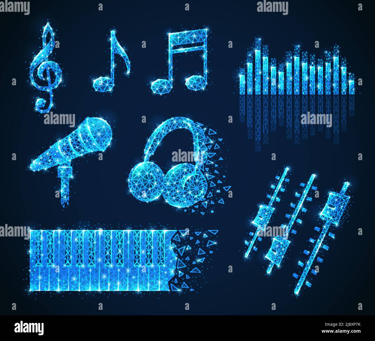 Music media polygonal wireframe set of isolated shining images with ...