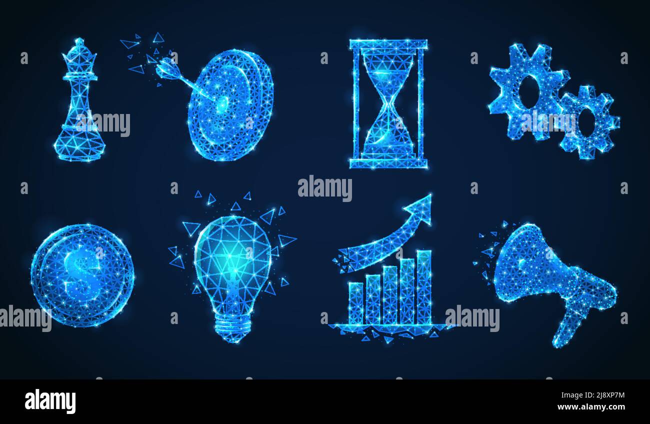 Set of isolated polygonal wireframe business strategy shining icons ...