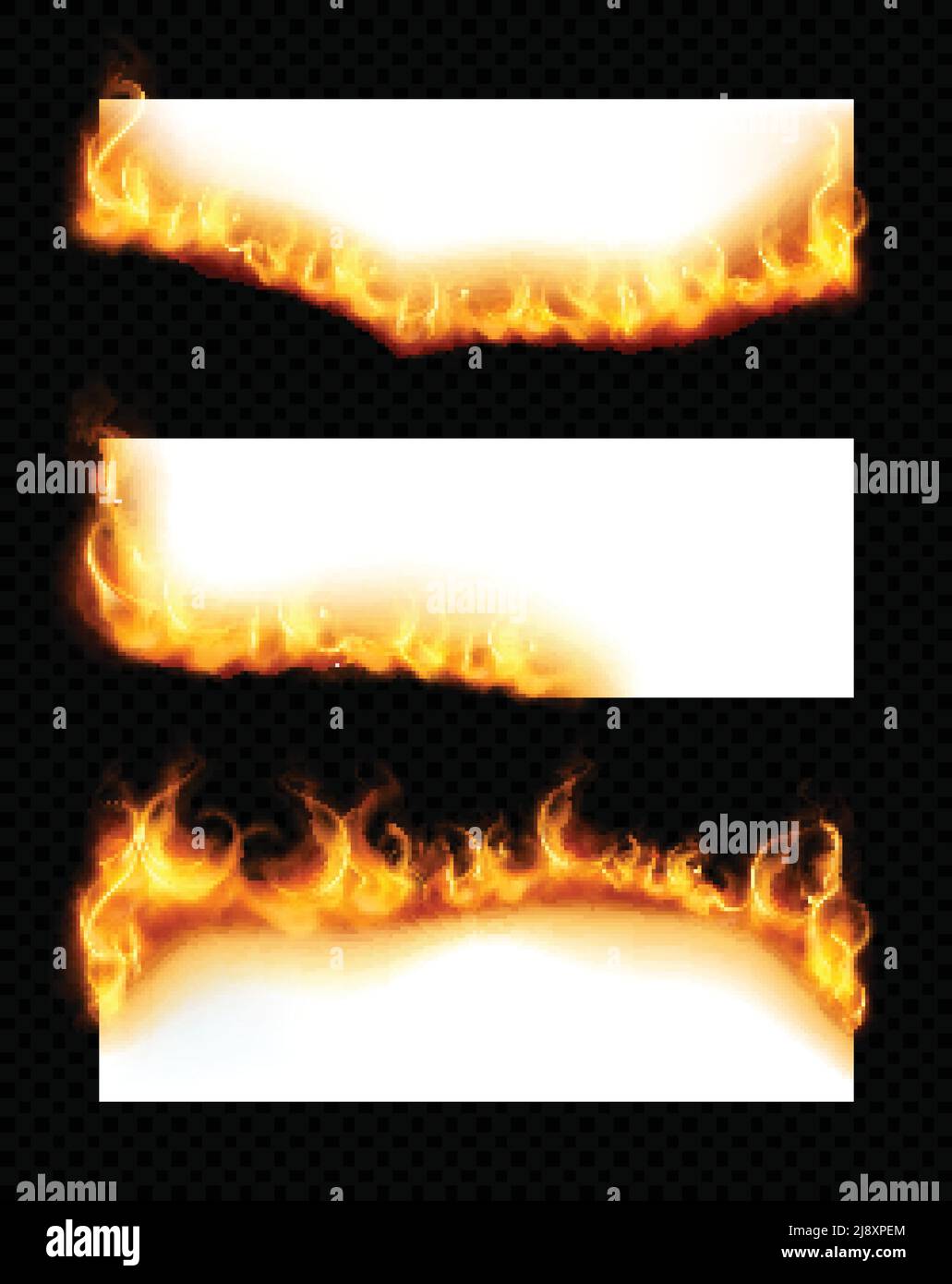 Realistic set of three white horizontal paper sheets with burning edges ...